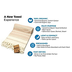 DEMMEX Certified 100% Organic Cotton & Organic Dye Prewashed XL Diamond Weave Turkish Cotton Towel Peshtemal Blanket for Bath,Beach,Pool,SPA,Gym, 71x36 Inches,14 Oz (Beige)