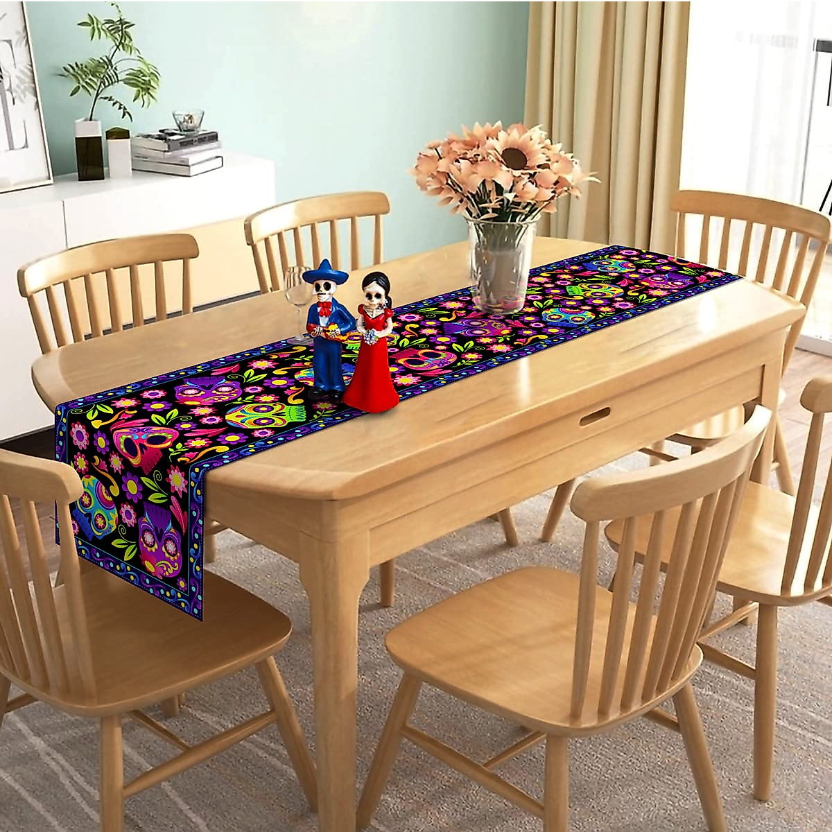 Nepnuser Day of The Dead Table Runner Sugar Skull Dia De Los Muertos Decoration Mexican Fiesta Halloween Theme Party Supply Linen Kitchen Dining Room Home Decor (13" x 72")