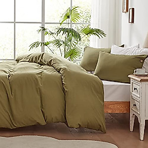 SunStyle Home 100% Washed Cotton Duvet Cover Set Breathable Soft Twin Olive Green Duvet Cover 2 Pieces Solid Color Bedding Set with Buttons Closure Comforter Cover Set (1 Duvet Cover +1 Sham)