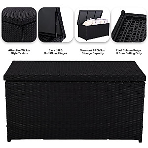 Outdoor 70 Gallon Wicker Storage Box with Waterproof Liner, Patio PE Rattan Storage Container for Outside, Deck Box with Hinged Lid for Cushions, Pillows, Towels, Horizontal Bin, Black