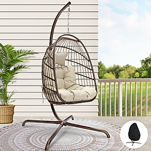 RADIATA Foldable Wicker Rattan Hanging Egg Chair with Stand, Swing Chair with Cushion and Pillow, Lounging Chair for Indoor Outdoor Bedroom Patio Garden (Brown with Cover)