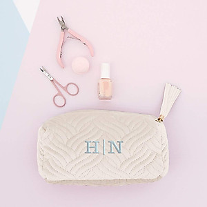 WEDDINGSTAR Small Personalized Velvet Quilted Makeup Bag For Women - Ivory Beige