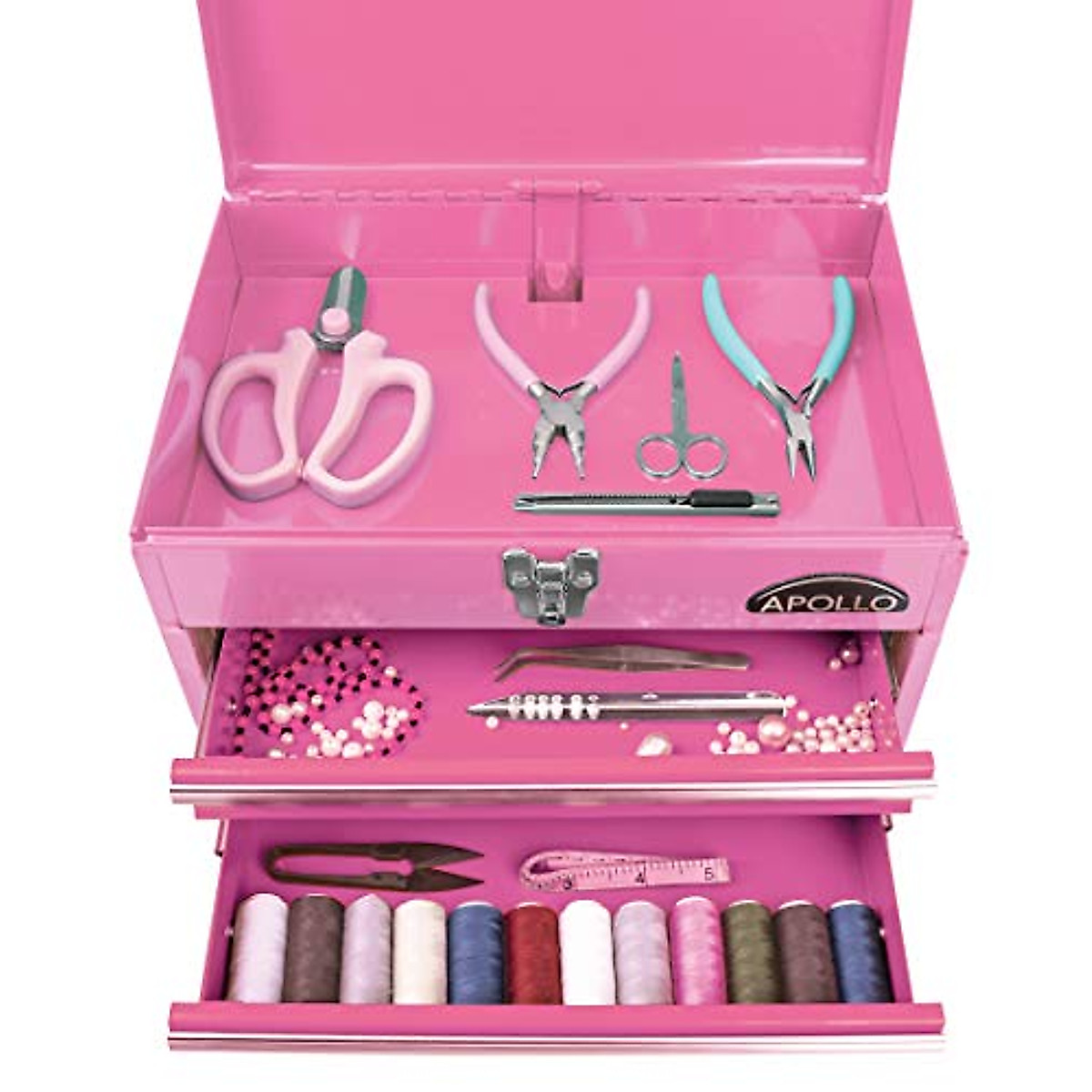 Apollo Tools 14 Inch Steel Tool Box with Deep Top Compartment and 2 Drawers in Heavy-Duty Steel With Ball Bearing Opening and Powder Coated Finish - Pink Ribbon - Pink - DT5010P