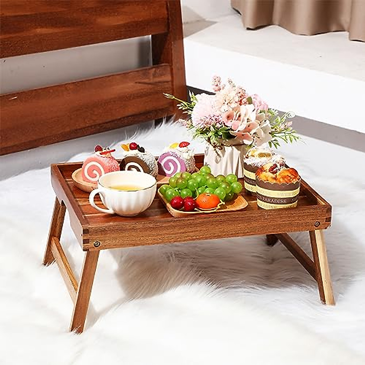 3 Pcs Acacia Bed Table Tray with Folding Legs and Handles Wooden Breakfast Tray Lap Snack Serving Tray Wood Laptop Desk for Eating Drawing Working Studying Dinner Bedroom Sofa Couch Kids Adults