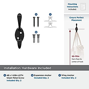 Amerock H55451MB | Noble Double Prong Decorative Wall Hook | Matte Black Hook for Coats, Hats, Backpacks, Bags | Hooks for Bathroom, Bedroom, Closet, Entryway, Laundry Room, Office