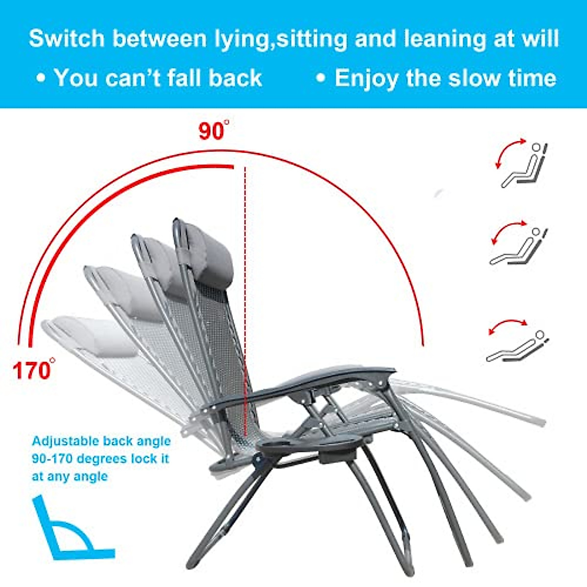 FUZOFUIZ Outdoor Recliner Adjustable Folding Patio Lounge Chair w/Pillows and Cup Holder Trays for Beach Lawn Backyard Pool