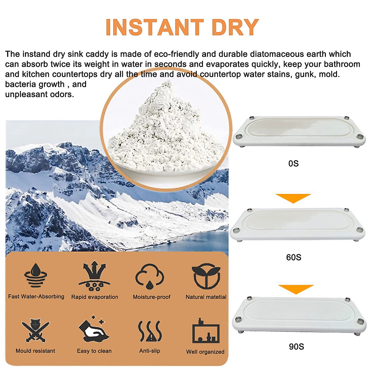 Sink Caddy, Tingtio Instant Dry Kitchen Sink Organizer Sponge Holder Bathroom Countertop tray Diatomaceous Pedestal Stand Riser with Stainless Steel Feet and Rubber Bottom White