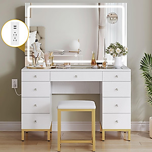 YITAHOME Vanity Desk Set, with XL LED Lighted Mirror Magnifying Glass & Power Outlet, 9 Drawers Makeup Vanities Dressing Table with Stool, White, 47 Inches