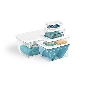 Sterilite 90 Qt Storage Box, Stackable Bin with Lid, Plastic Container to Organize Clothes, Blankets, Towels in Closet, Clear with White Lid, ‎29.75"L x 13.5"W x 18.75"H, 4-Pack