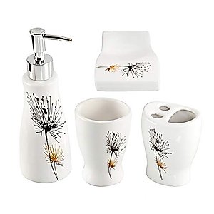 HOME-X Bathroom Accessory Set, 4-Piece Set with Soap Dish, Liquid Dispenser, Tumbler, and Toothbrush Holder, White with Flower Print
