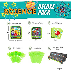 Blue Orchards Science Party Deluxe Party Supplies Pack (143 Pieces for 16 Guests) - Science Party Decorations, Chemistry Party, Mad Scientist Birthday, Plates and Napkins, Science Party Favors