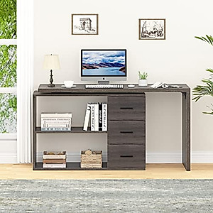 HSH L Shaped Desk with Drawers, L Shape Computer Desk with Storage Cabinet Shelves, Reversible Modern Industrial Home Office Corner Desk, Rustic Wood Executive Writing Gaming Study Table, Gray 55 Inch