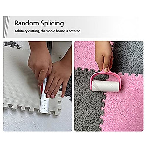 9/12/15/16 Pcs Interlocking Foam Carpet Tiles,Soft Fluffy Plush Area Rug Mat,Crawling Playmat Puzzle Mat,for Bedroom, 12X12inch, 0.4 Inch Thicken Foam,Grey+Rose red,16 PCS