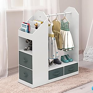 Kids Costume Organizer, Costume Rack, Kids Dress up Storage with Mirror and Storage Bin,Open Hanging Kids Play Armoire Dresser with Mirror,Pretend Storage Closet for Kids,Costume Storage Dresser