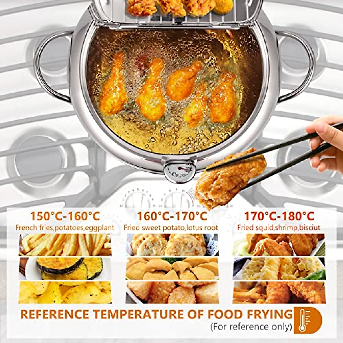 deep Fryer Pot,304 Stainless Steel with Temperature Control and Lid Japanese Style Tempura Fryer Pan Uncoated Fryer Diameter: 9.4"