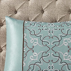Madison Park Essentials Jelena Room in A Bag Faux Silk Comforter Classic Luxe All Season Down Alternative Bedding, Matching Bedskirt, Curtains, Decorative Pillows, Queen(90"x90"), Seafoam 24 Piece