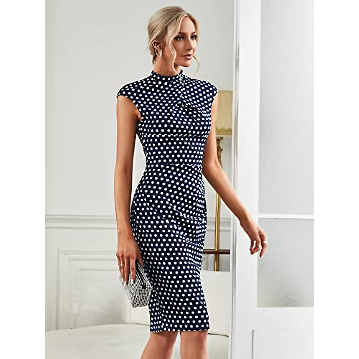 Miusol Women's Business Slim Style Ruffle Work Pencil Dress(X-Large, Navy Blue Polka Dot)
