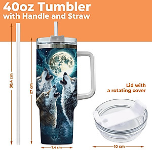 Foxcorner Personalized Wolf 40oz Tumbler with Handle and Straw Gifts for Wolf Lovers, Father's Day Cool Gifts For Him, Men, Birthday Gift Ideas, Custom Name Stainless Steel Travel Cup With Lid