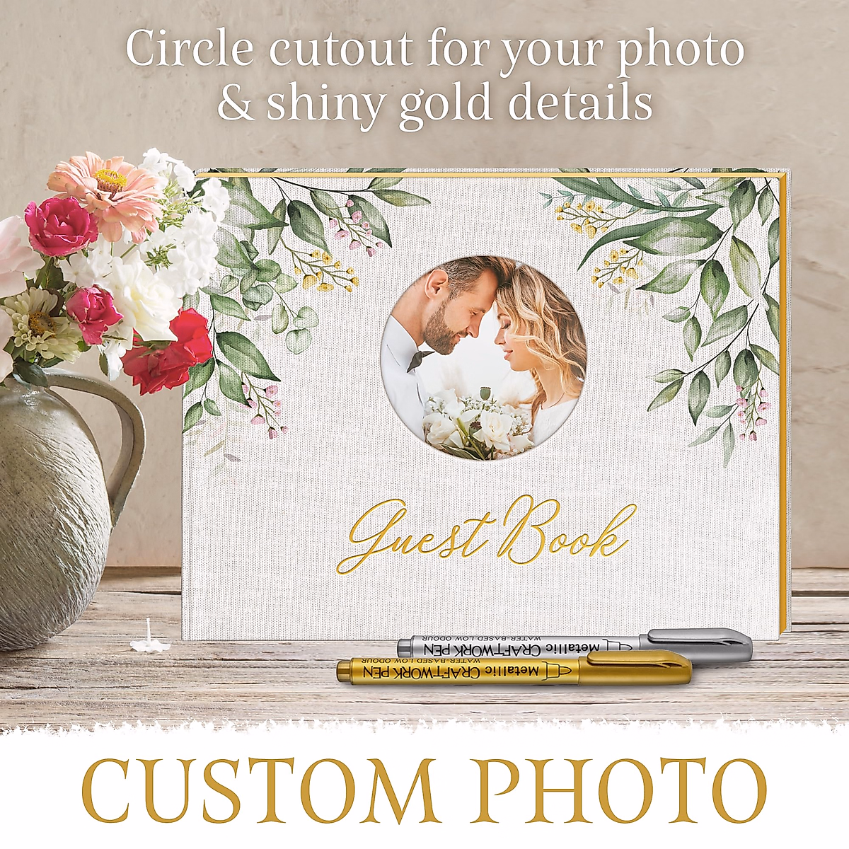 Elegant Guest Book with Linen Cover, Wedding Guest Book Capture Cherished Memories of Your Special Day, Memory Book with Place for Photo on The Cover, 120 Thick Papers with Stickers Messages