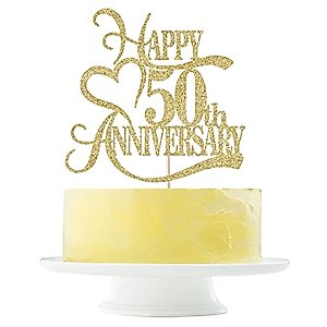 Gold Glitter 50th Anniversary Cake Topper - 50 Wedding Anniversary Party Decoration Ideas, 50th Anniversary Party / 50th Birthday Party Decorations