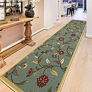 Machine Washable Floral Leaves Design Non-Slip Rubberback 3x10 Traditional Runner Rug for Hallway, Kitchen, Bedroom, Living Room, 2'7" x 9'10", Seafoam Green