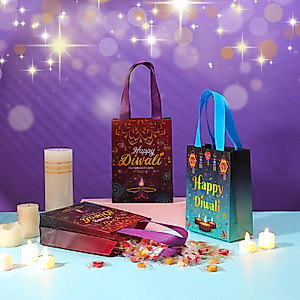Windyun 48 Pcs Happy Diwali Gift Bags Non Woven Diwali Theme Party Gift Bag with Double Handles Diwali Favor Bags Tote for Diwali Festival of Lights Themed Party Treat Snacks Candy Favors Decorations