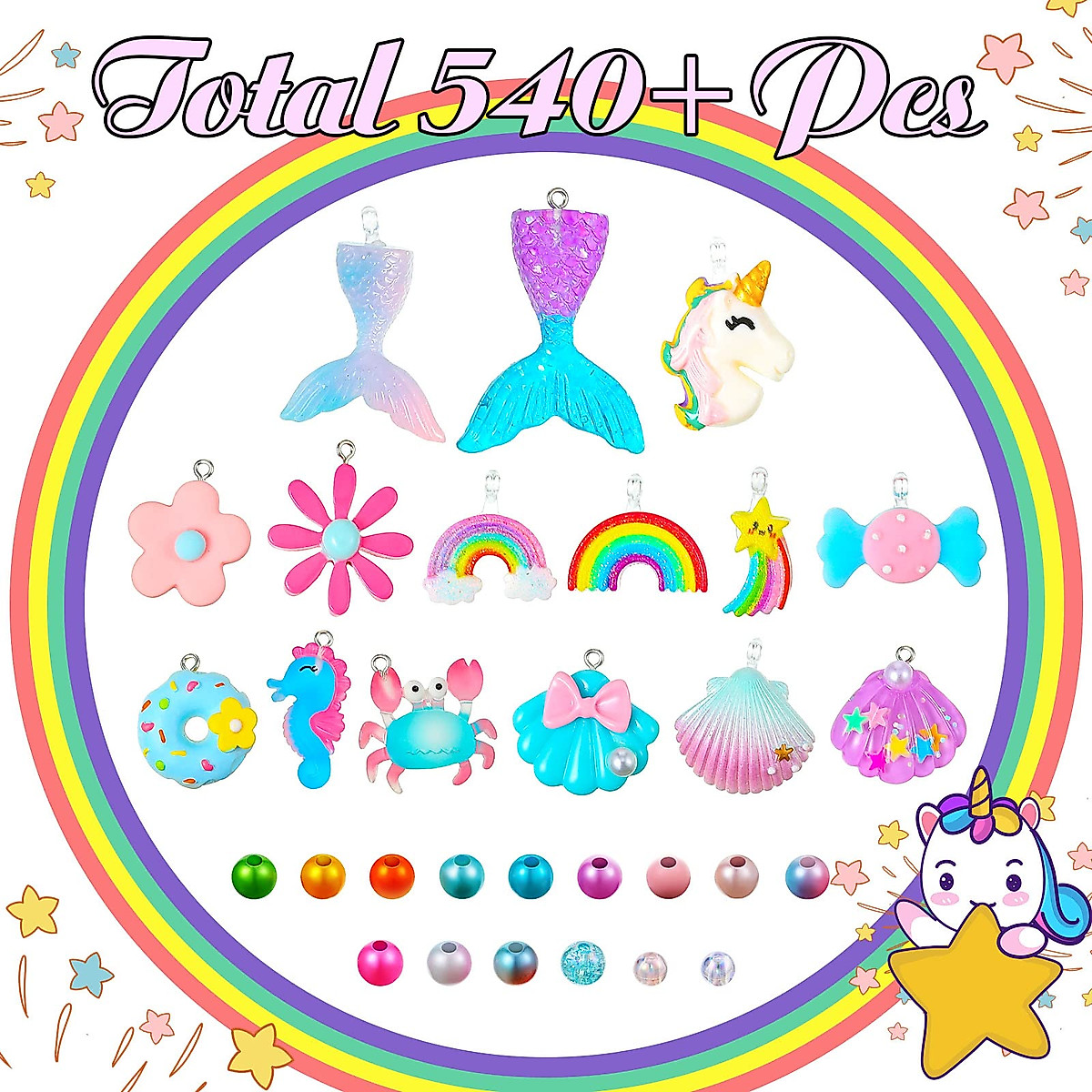Juexica 540 Pieces Unicorn Mermaid DIY Bead Jewelry Making Kit for Rainbow Shell Necklace Bracelet Craft Art for Unicorn Mermaid Charms for Jewelry Making