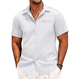 COOFANDY Men's Linen Shirt Lightweight Classic Fit Button Down Shirt Short Sleeve Beach Holiday Shirts with Pocket White