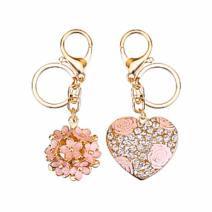 Flower Ball Keychain and Sweet Love Heart Rose Crystal Key Chain for Women Pink Flower Girly Charm Keyring, 2 Pieces, Medium