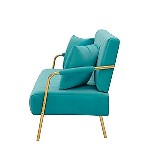 anwickjeff Velvet Loveseat Sofa with 2 Throw Pillows, Fabric Sofa with Metal Legs for Small Space Tufted Cushions Soft Sectional 2-Seat Couch for Living Room, Office, Apartment (Blue)