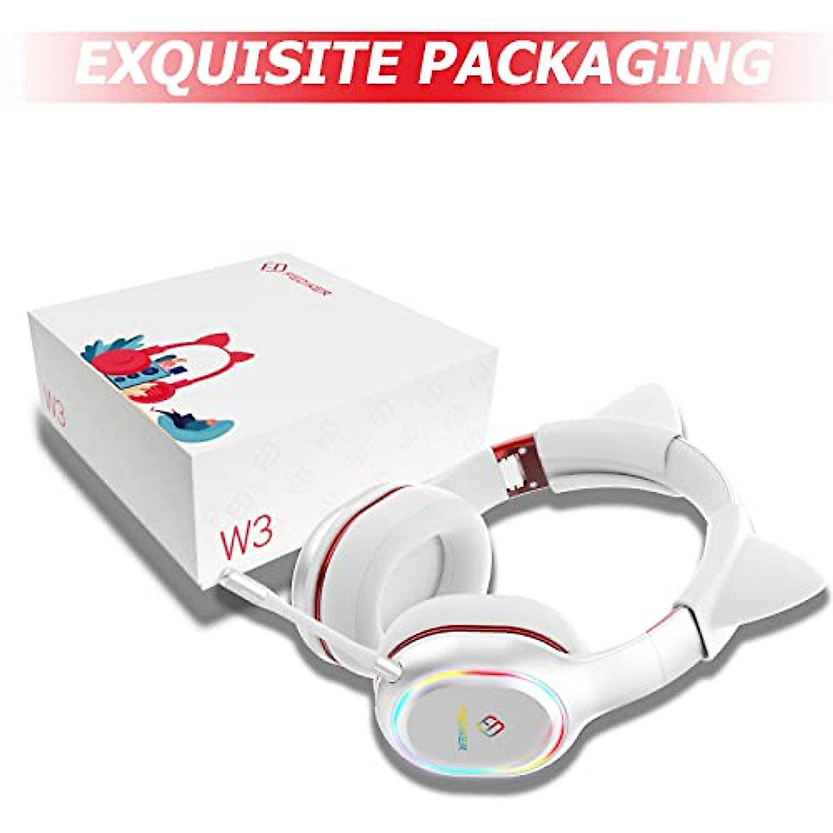 FEDIKER Wireless Gaming Headset for PS5 PS4 PC W3 USB Dongle Low Latency Bluetooth, Headphones with Detachable Mic, Mute Function, RGB, Immersive 4D, Cute White Cat Ear Headset for Girls