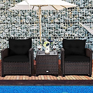 RELAX4LIFE 3 Piece Patio Furniture Set, Wicker Bistro Conversation Set w/ 2 Cushioned Armchairs & Glass Topped Table, Outdoor Rattan Sofa Set Patio Furniture for Porch Balcony Poolside (Black)