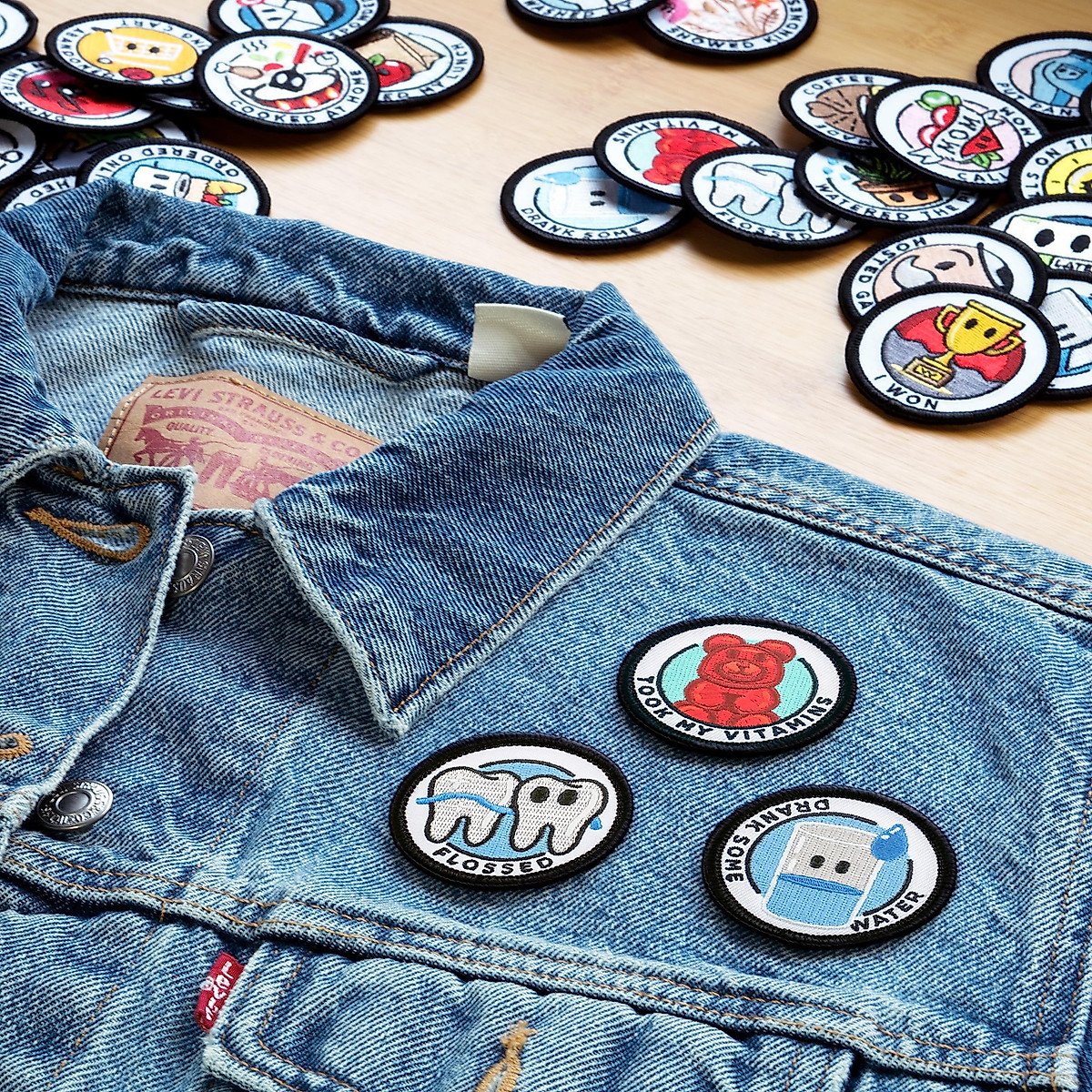 Winks For Days Adulting Merit Badge Embroidered Iron-On Patches (Health - Set 2) - Includes Three (3) 2" Patches: Flossed, Took My Vitamins, and Drank Some Water