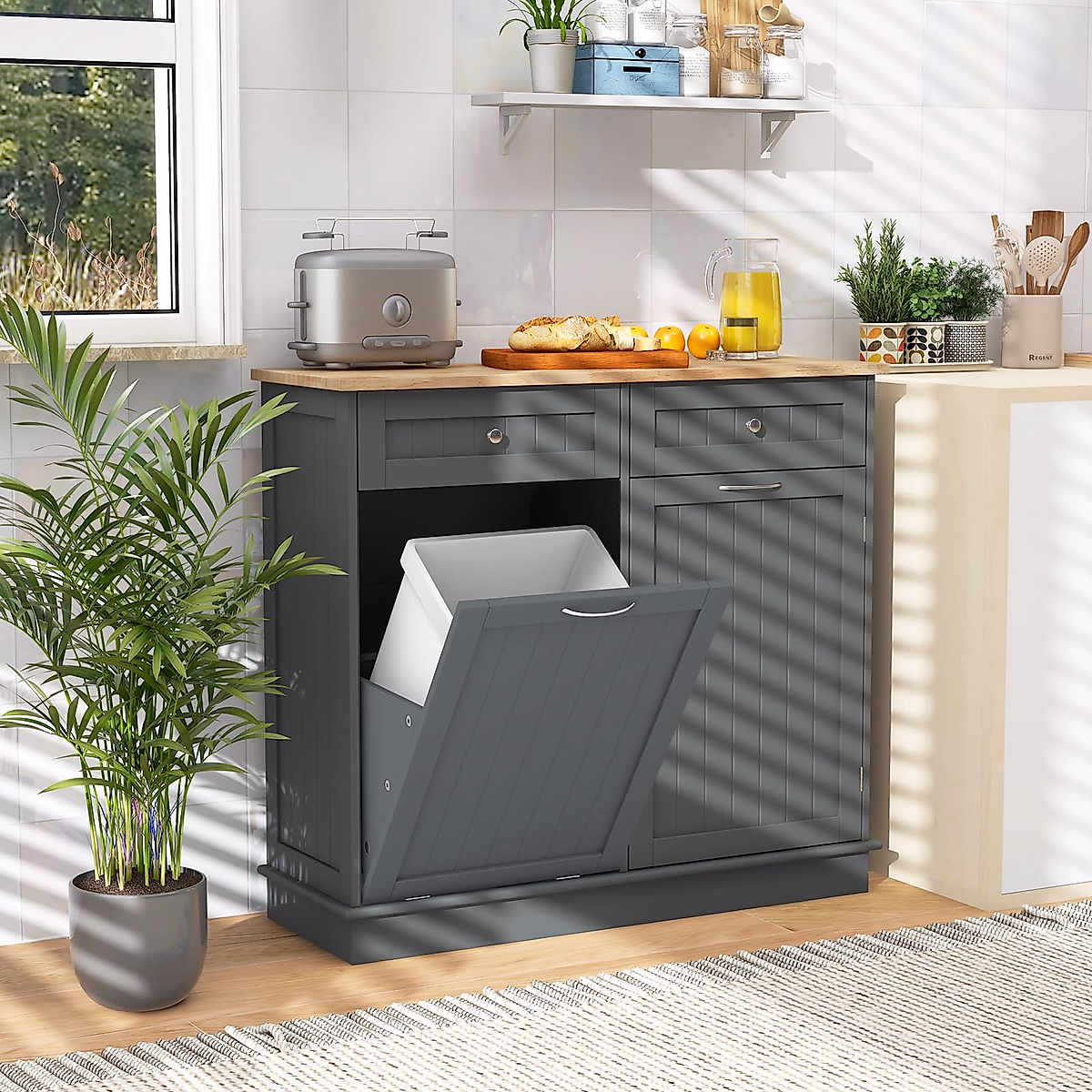 Giantex Tilt Out Trash Cabinet 15.5 Gallon, Wooden Laundry Room Cabinet, 2 Drawers, Storage Cabinet, Recycling Trash Cabinet, Kitchen Island with Garbage Can Holder, 39.5" x 14" x 35.5", Gray