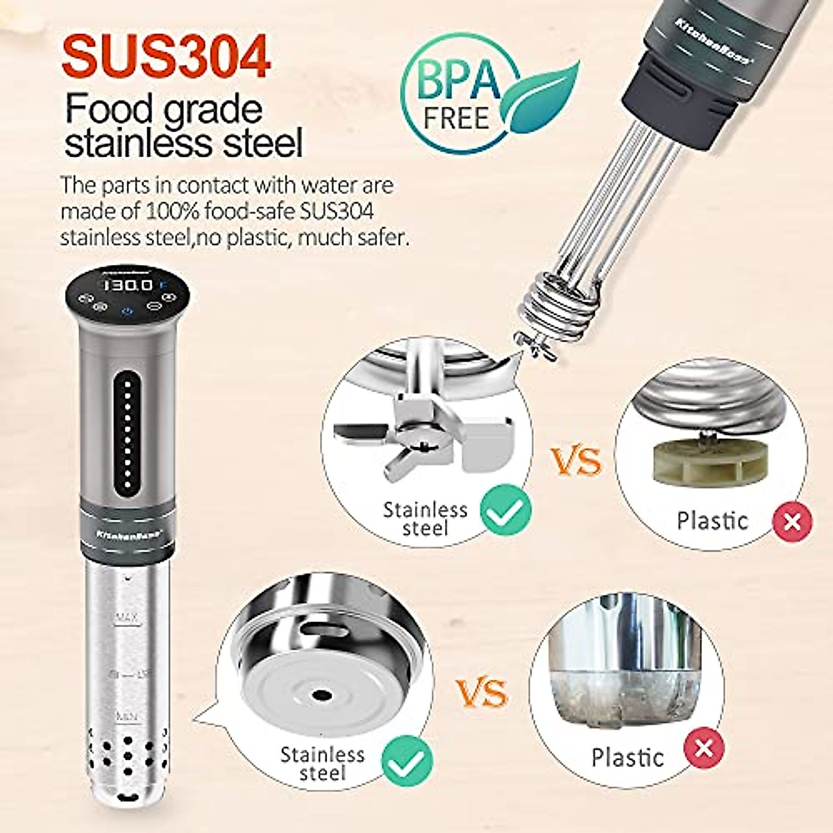 Sous Vide Cooker 1100 Watts | IPX7 Waterproof | By KitchenBoss G310/Silver | Water Cooker, Suvee vide machine | Includes 5 Vacuum Sealer Bags | Accurate Temperature Control Digital Display | Thermal Immersion Circulator