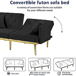 60"Convertible Folding Futon Sofa Bed with 2 Pillows and Armrest,Modern Velvet Sleeper Couch Bed with 3 Adjustable Backrests,Recliner Loveseat for Small Space,Living Room Bedroom Apartment (Black)