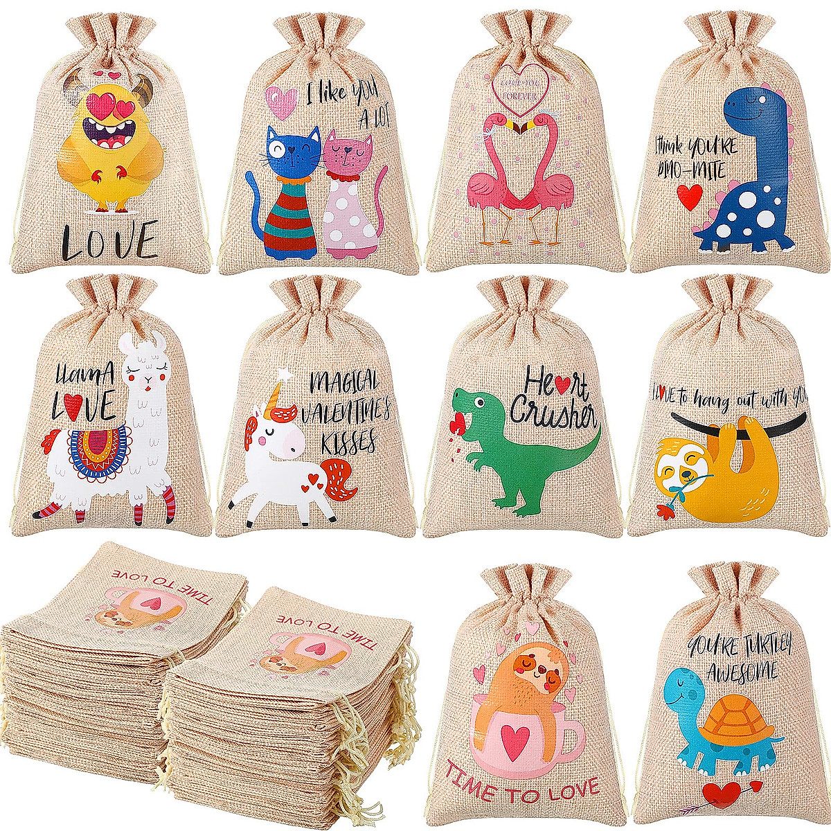 Zhengmy 100 Pcs Valentine Drawstrings Burlap Bags for Kids Valentine's Day Burlap Bags Valentines Goodie Bags Valentines Gifts Canvas Heart Bags Candy Pouches for Wedding Shower DIY Craft, 5 x 7 Inch
