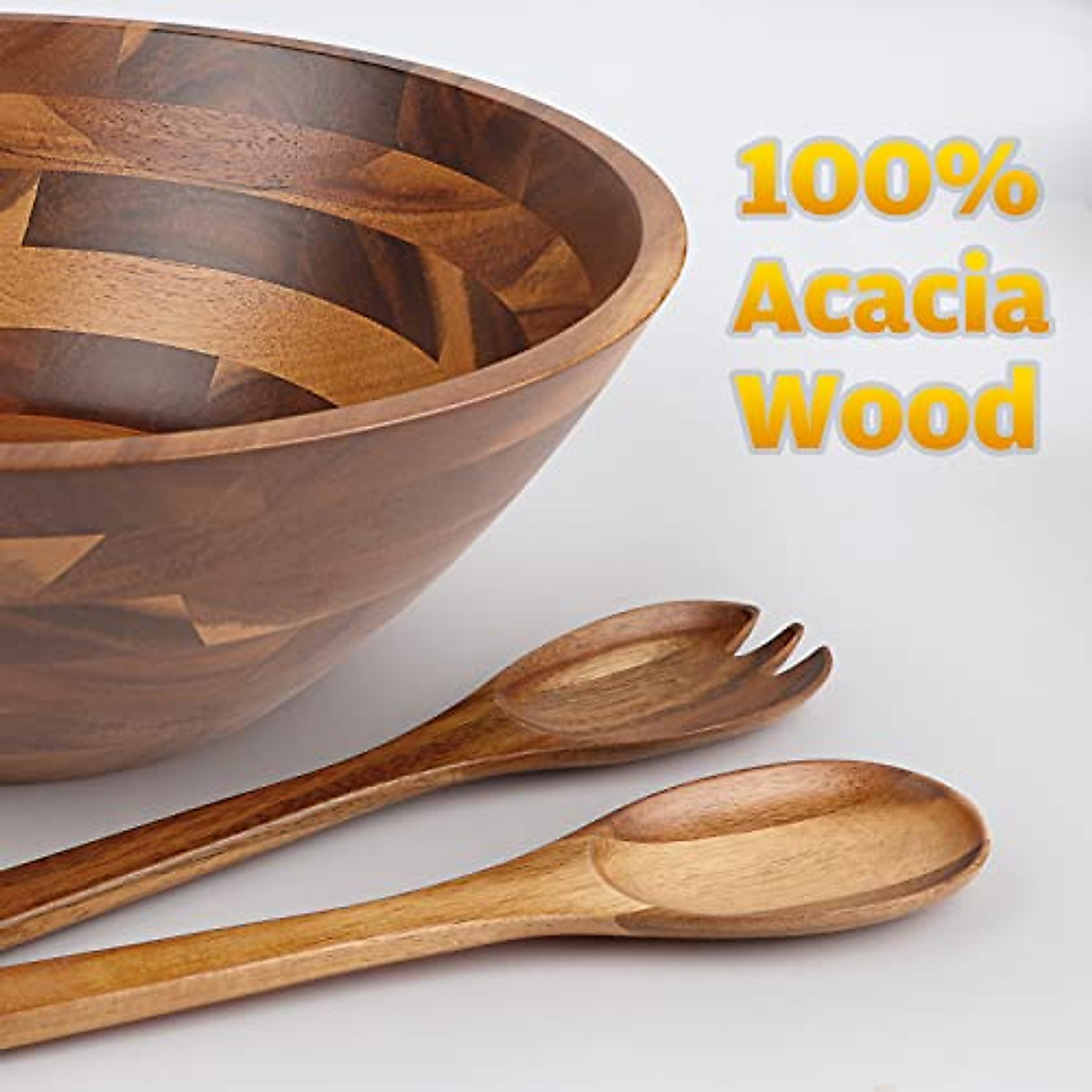 HOMEXCEL Acacia 3-Piece Wooden Salad Bowl Set, Large Wood Salad Bowl with Server,Big Wood Serving Bowl for Fruits, Salad, Cereal or Past