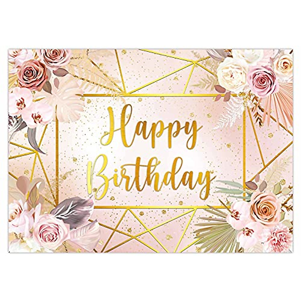 Funnytree 7X5FT Boho Happy Birthday Backdrop Flower Roses Leaves Background Woman Girl Bday Party Supplies Banner Cake Table Decor Photobooth Studio Props Gift Favors