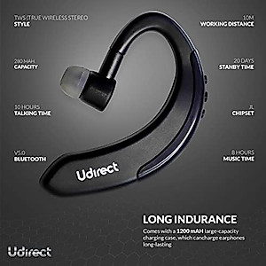 Udirect Bluetooth Wireless Headset, Hands Free, Over The Ear, 3 Button Functions, Business Minded,
