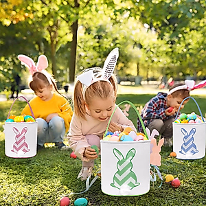 AOUTACC 3 Pack Easter Bunny Baskets, Easter Egg Hunt Bunny Bags Little Baskets with Fluffy Tail Canvas Cotton Rabbit Handbag Bucket Tote Bag for Kids Girls (Style 3,Pink + Green + Blue)