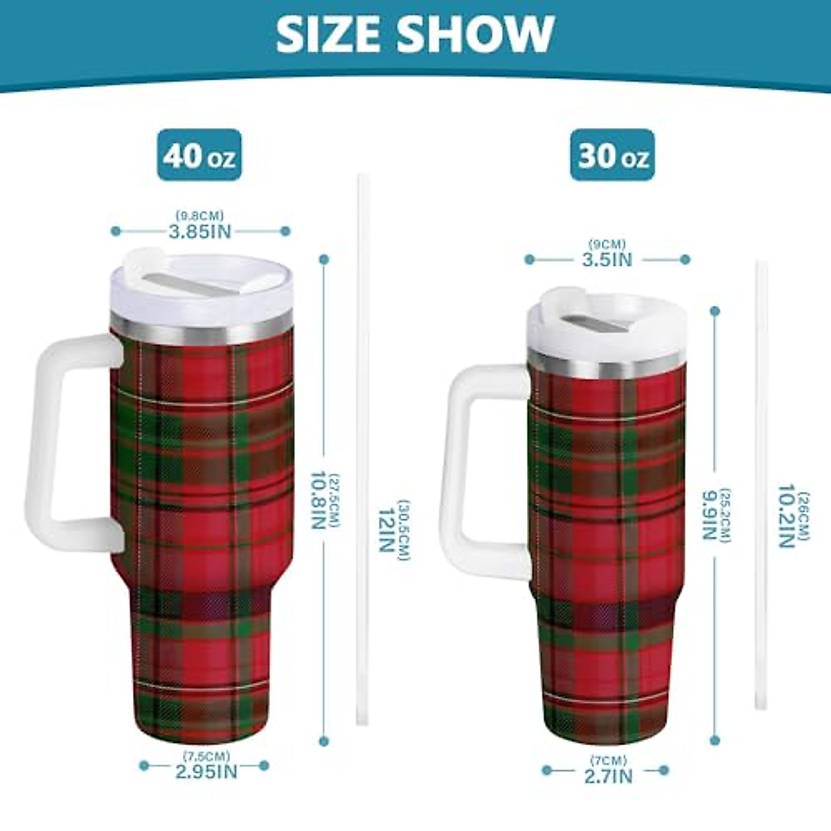 40 Oz Red Green Grid Tumbler Cups with Handle and Straw, Insulated Vacuum Tumbler