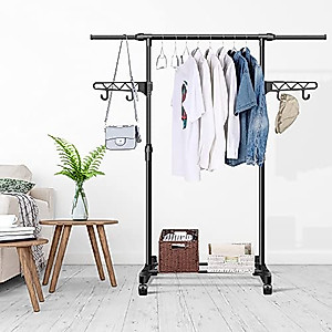 hombani Garment Rack on Wheels with Brakes and Wing Hooks, Industrial Style Rolling Clothing Organizer for Hanging Clothes, Extendable - Black