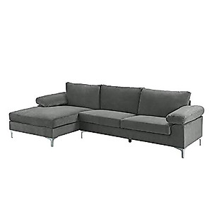 Casa Andrea Milano llc Modern Large Velvet Fabric Sectional Sofa L Shape Couch with Extra Wide Chaise Lounge, Grey