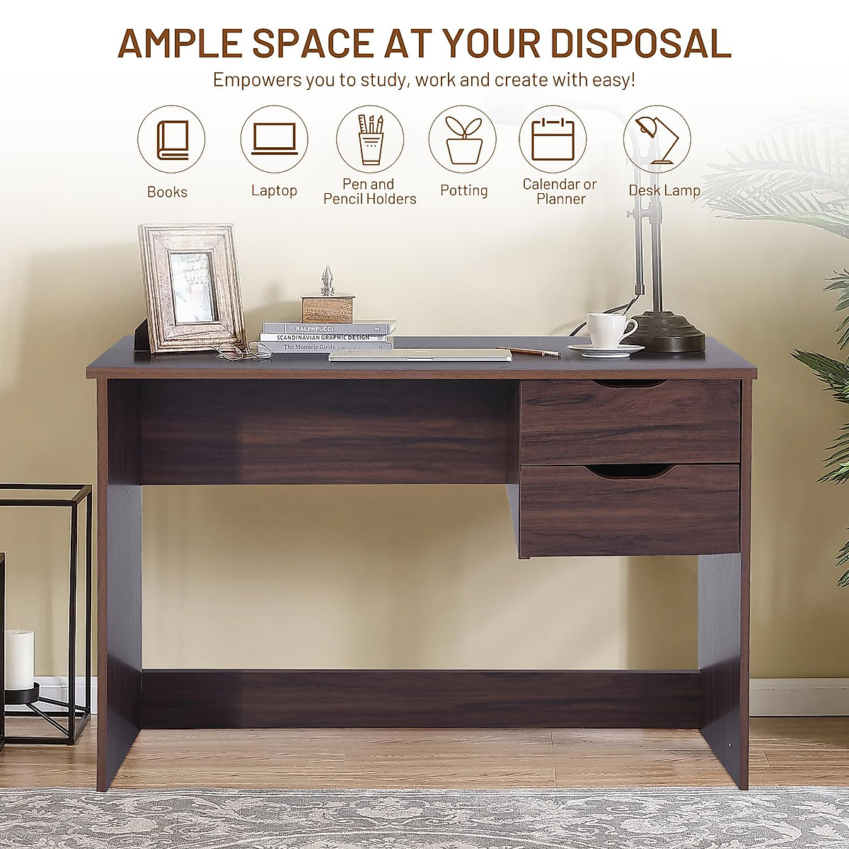 FurnitureR Home Office Computer Desk with 2 Drawers, Wooden Study Writing Table Teen Student Desk Workstation with Footrest for Bedroom Small Spaces Apartment Dorm, Walnut Brown