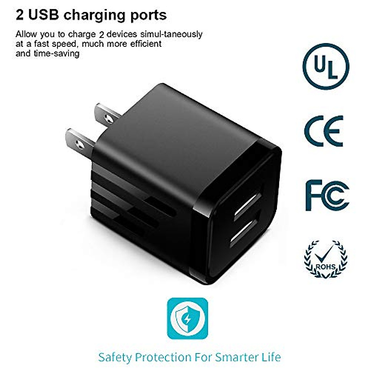 USB Wall Charger, Loxdn 2-Pack Dual Port USB Wall Plug Charging Block Adapter Charge Cube Brick Box Compatible with iPad/iPhone/iPod, Samsung, LG, Moto, Android Phone (Black)