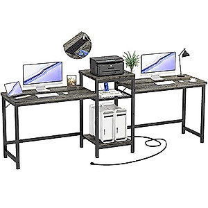Unikito Two Person Desk, Home Office Desk with Power Outlet and Printer Stand, Double Computer Desk with Open Storage Shelf, Double Gaming Computer Desk, Extra Long Table, Writing Study Desk, Gray Oak