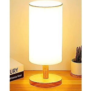ALOTUS Table Lamp for Bedroom - 12W Bedside Lamps for Nightstand, Solid Wood Night Stand Light Lamp with Round Flaxen Fabric Shade for Living Room, Dorm, Home Office (LED Bulb Included)
