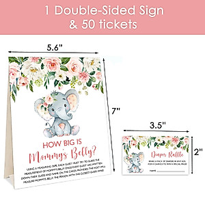 Yuzioey Girl Elephant Diaper Raffle Tickets and Sign, Floral Elephant Baby Shower Game Cards, 50 Tickets and Matching Standing Sign, Diaper Raffle Tickets for Pink Elephant Baby Shower Invitations