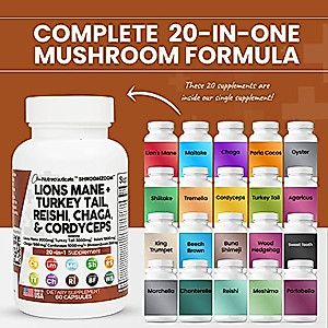 Lions Mane 3000mg 20in1 Mushroom Supplement with Turkey Tail 2000mg Reishi 1000mg Cordyceps Chaga 1000mg Maitake Meshima Poria Cocos Shiitake Oyster Porcini Enoki Cognitive, Energy, Focus Pills USA